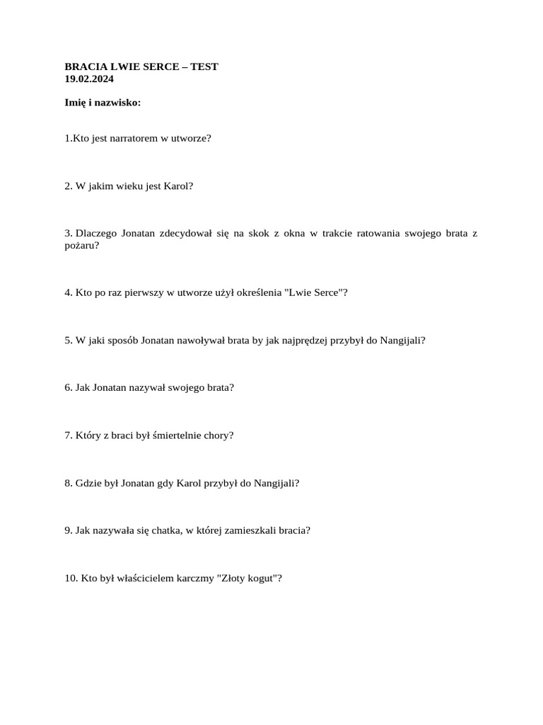 Bracia Lwie Serce Test | PDF