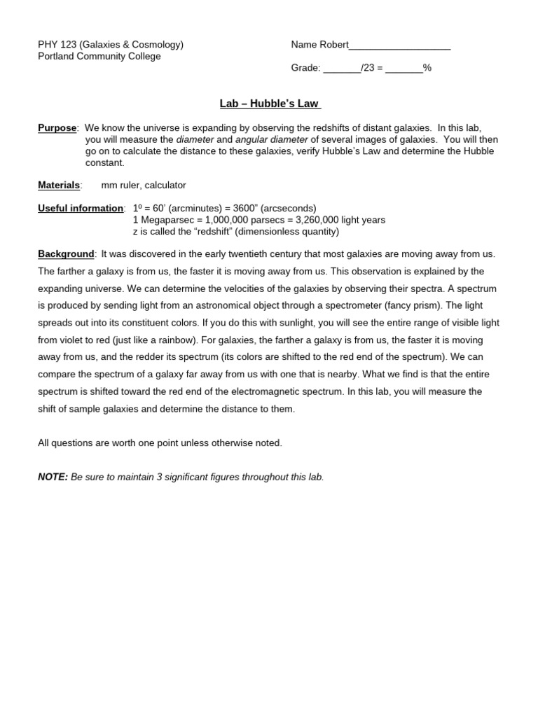 Lab 7 - Hubble's Law Completed | PDF | Redshift | Galaxy
