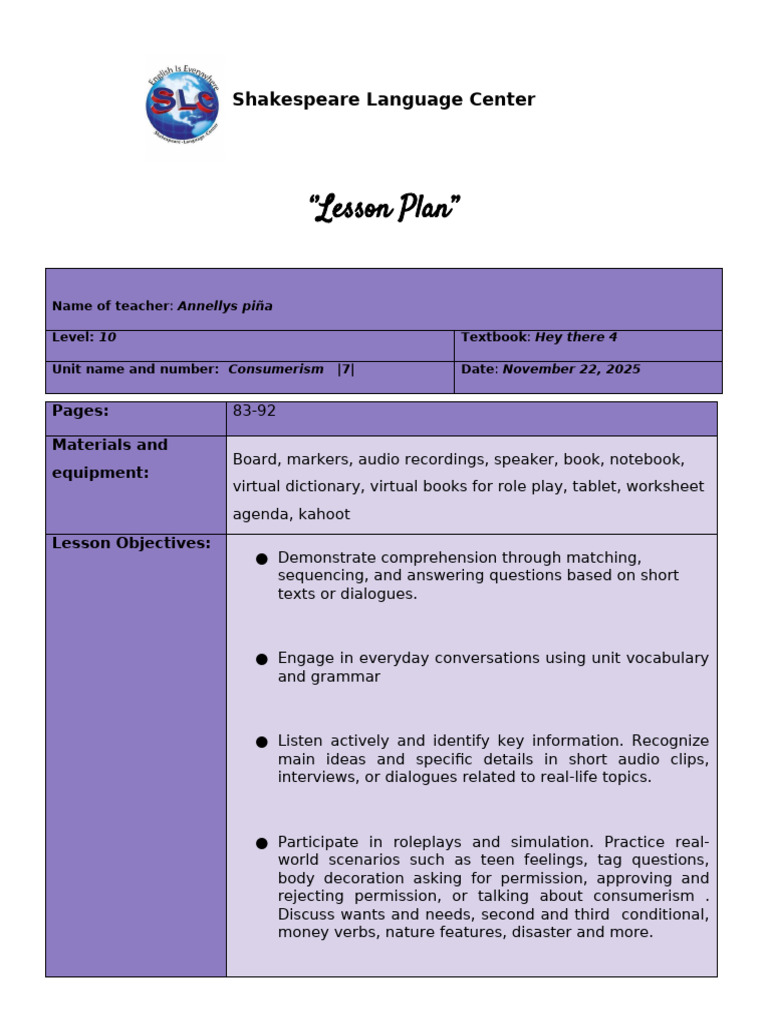 Unit 7 Conclusion Lesson Plan by Annellys Piña | PDF | Reading ...