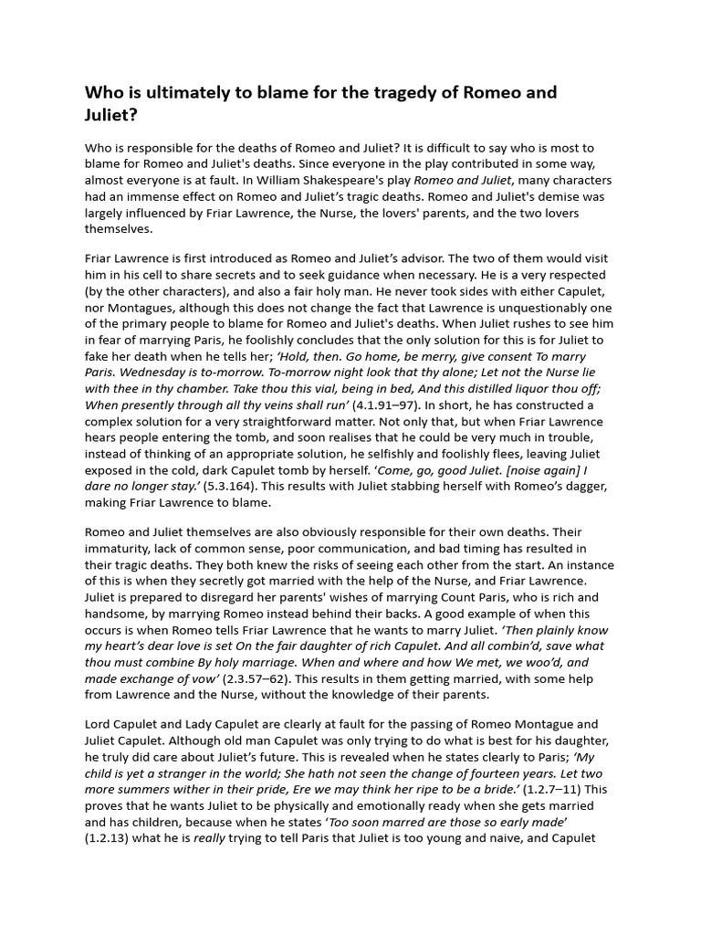 Who Is Ultimately To Blame For The Tragedy of Romeo and Juliet | PDF ...