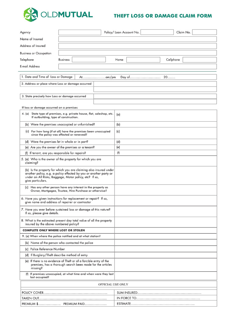 2097-Theft Loss or Damage Claim Form | PDF