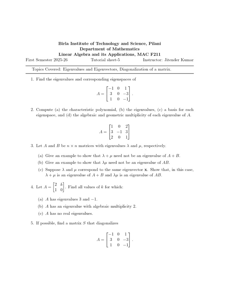 Tutorial Sheet-5-2 | PDF | Eigenvalues And Eigenvectors | Matrix ...