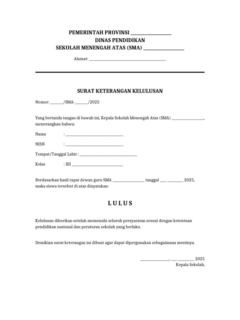 Surat Kelulusan SMA Kop Resmi | PDF