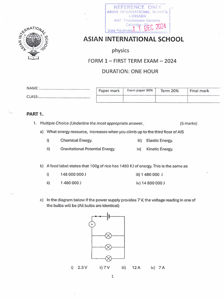 Form 1 Physics - December 2024 | PDF | Energy Development | Electrical ...