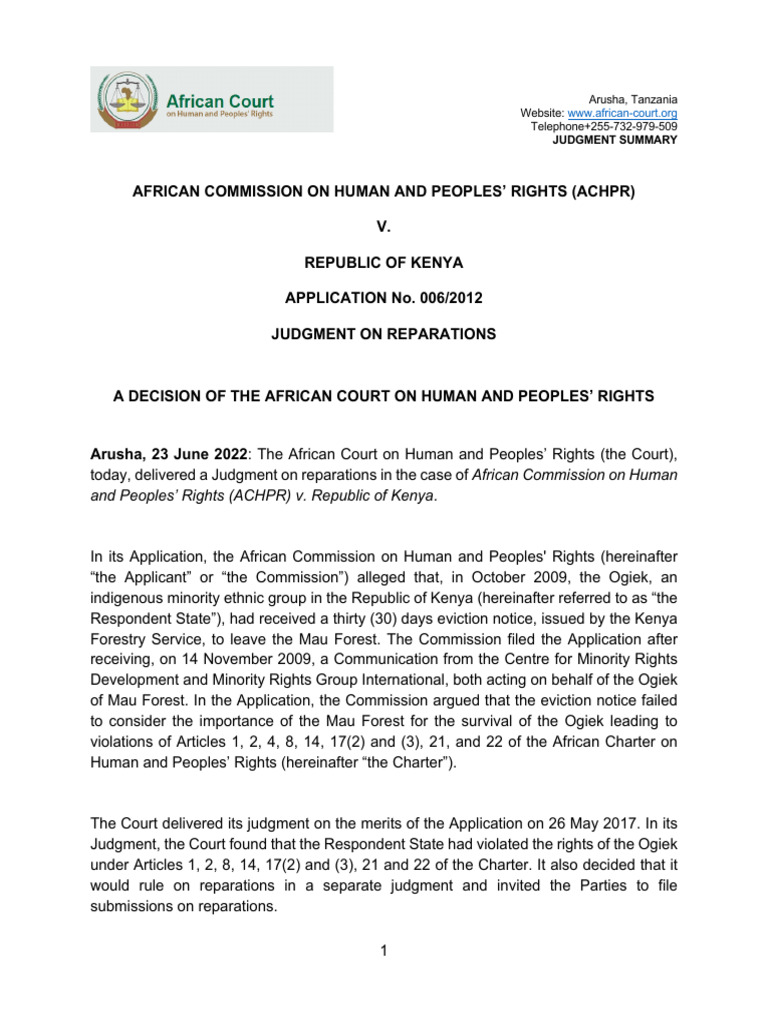 Kenya Court Judgment on Ogiek Reparations | PDF | Justice | Crime ...