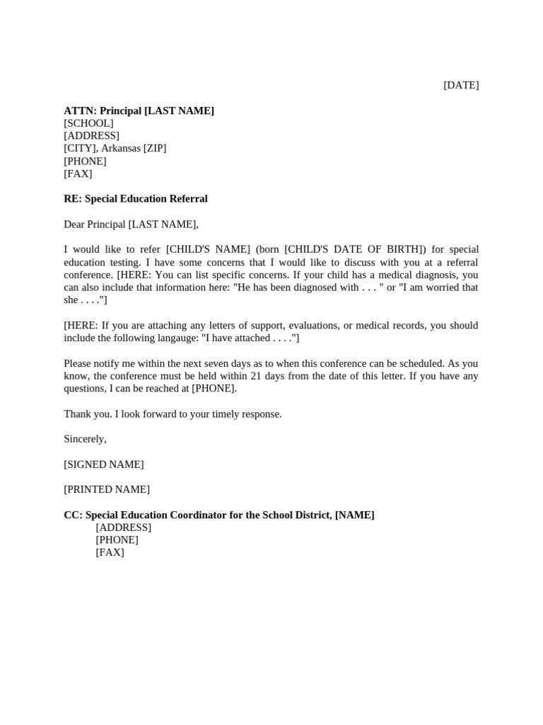 Special Education Referral Letter Template Fillable Word 0 | PDF