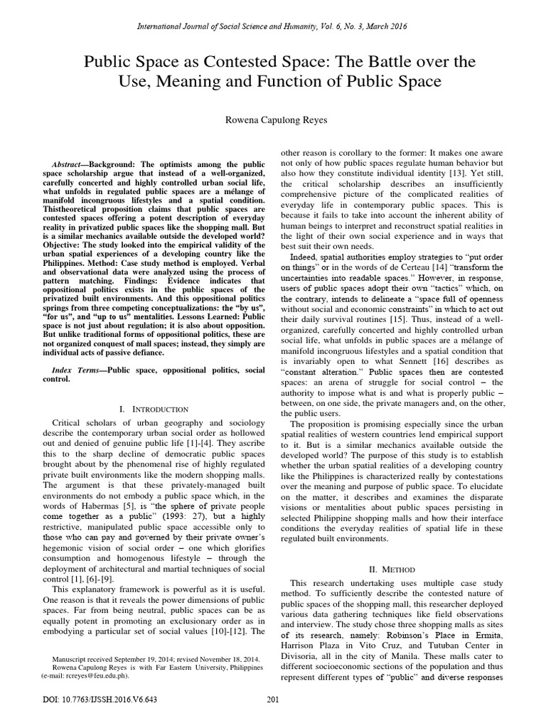 Public Space As Contested Space The Batt | PDF | Space | Reality