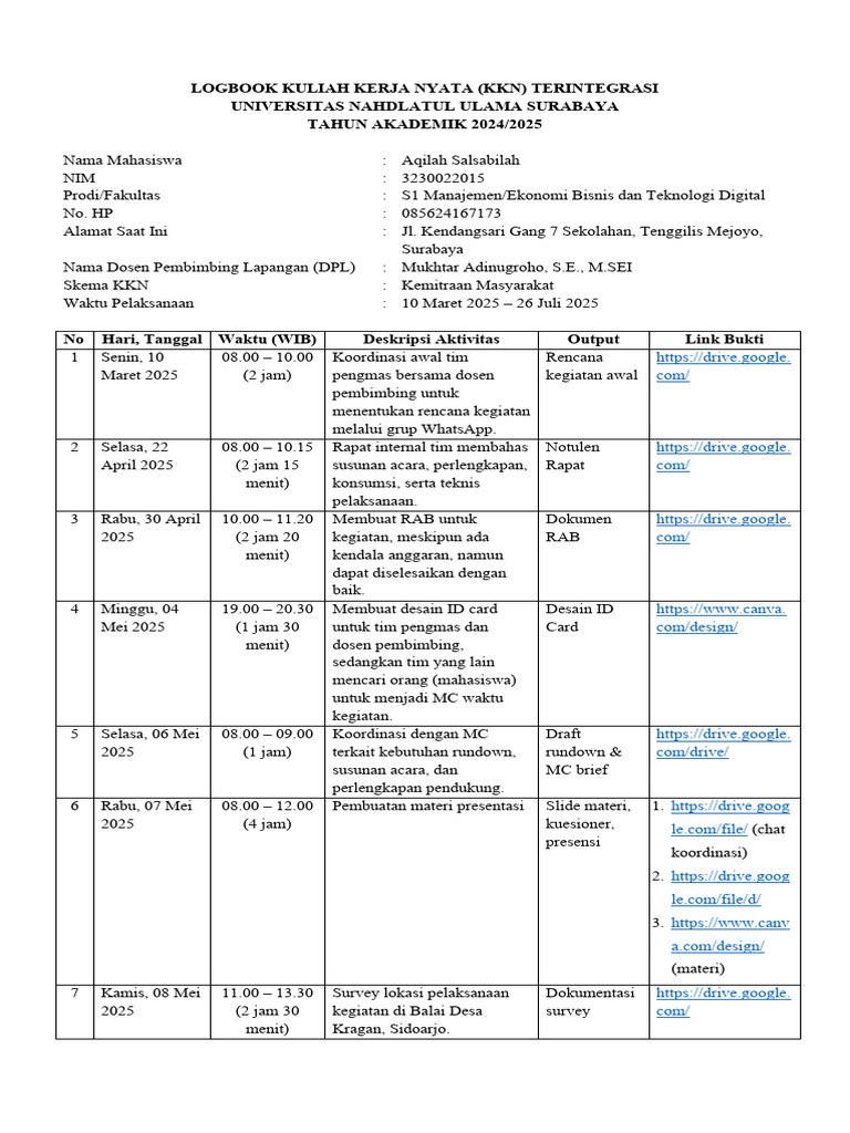 (Update) Logbook Kkn Terintegrasi Unusa 2025 | PDF