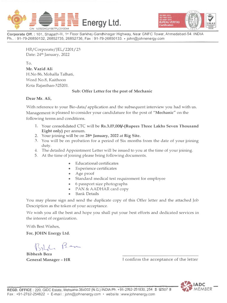 Offer Letter-Vazid Ali | PDF