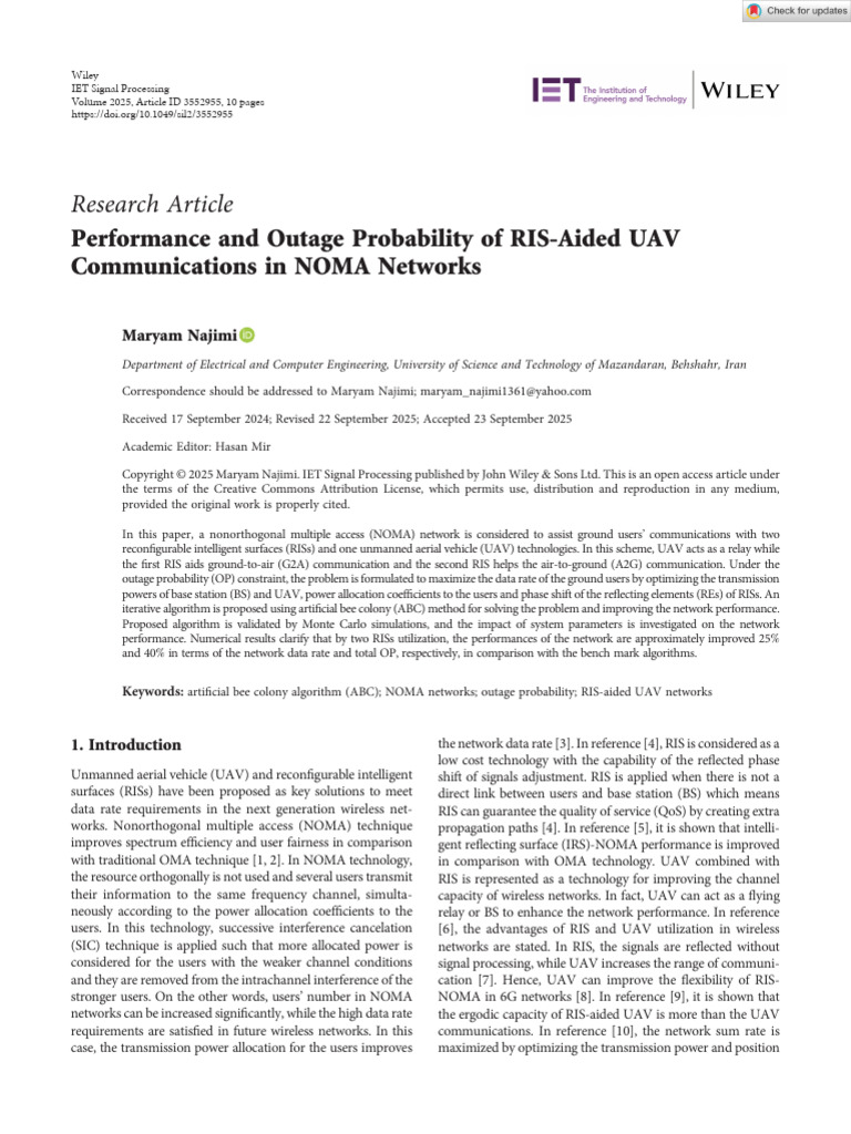 IET Signal Processing - 2025 - Najimi - Performance and Outage Probability of RIS‐Aided UAV ...