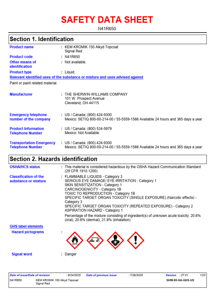 Kemem Kromik 150 Alkyd Topcoat Signal Red | PDF | Occupational Safety ...