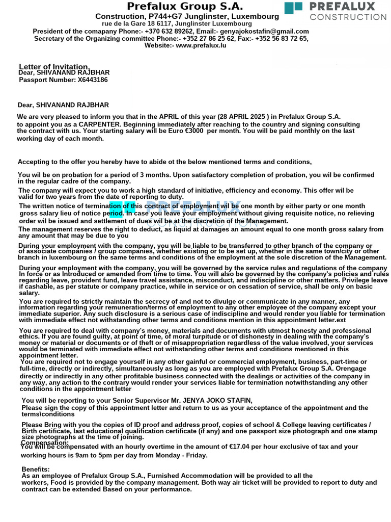 Shivanand Rajbhar Offer Letter Lux | PDF | Employment | Business