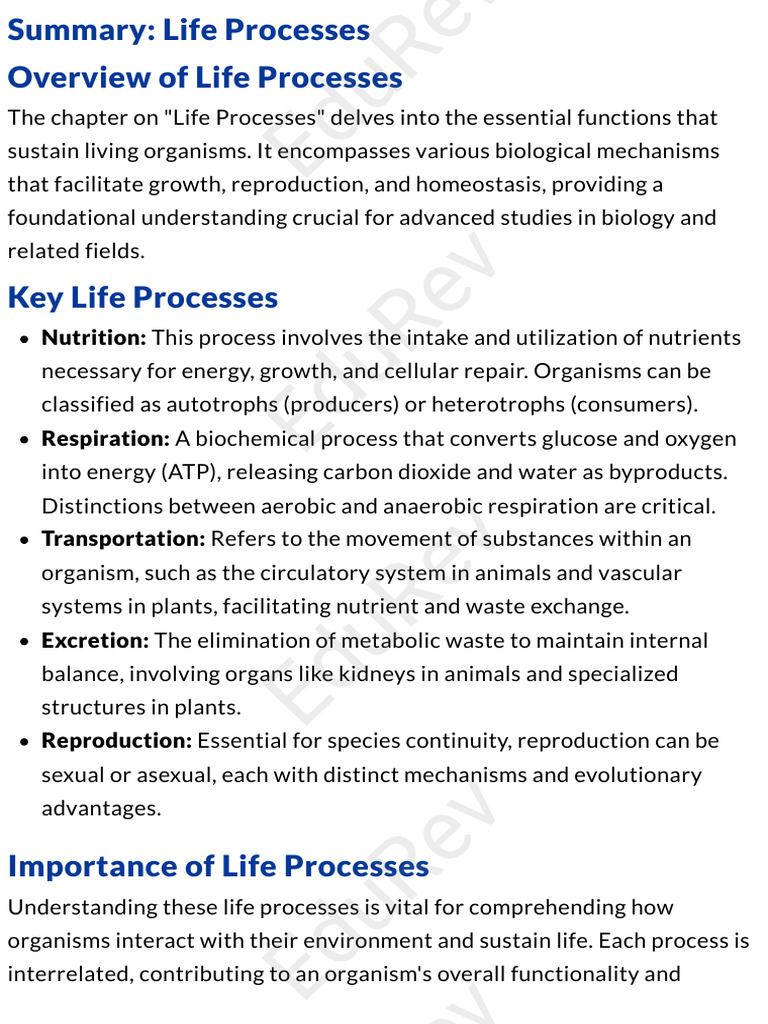 EduRev - Summary - Life Processes | PDF | Cellular Respiration | Biology