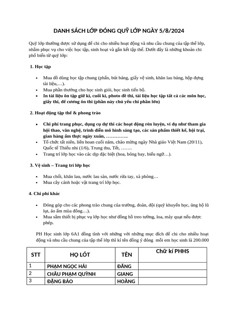 Danh Sách Học Sinh Đóng Tiền Quỹ Lớp 6A1 | PDF