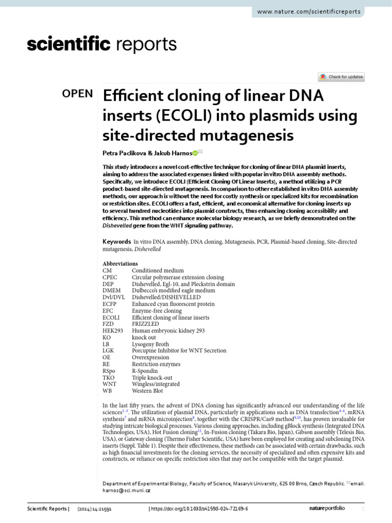 Efficient Cloning of Linear DNA Inserts (ECOLI) Into Plasmids Using Site-directed Mutagenesis ...