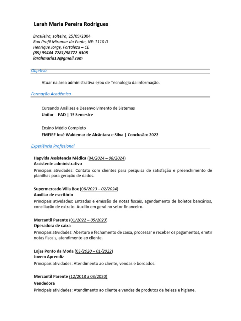 Currículo - Larah Maria Atualizado | PDF