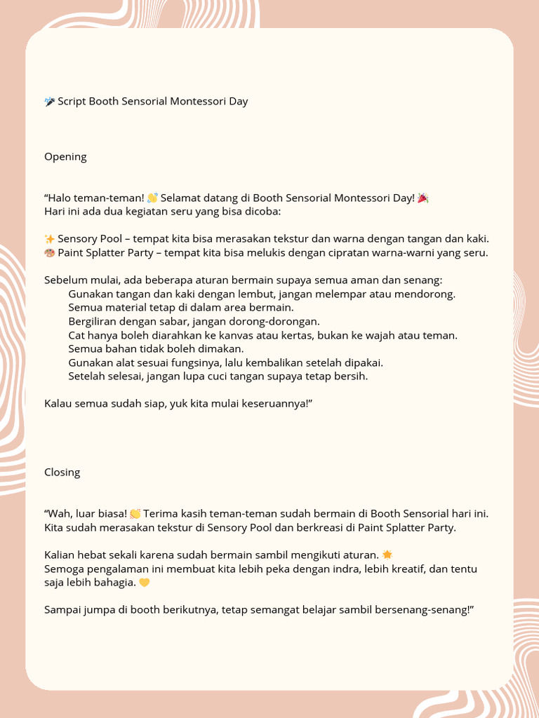 ? Script Booth Sensorial Montessori Day (Dengan 7 Rules) Opening “Halo ...