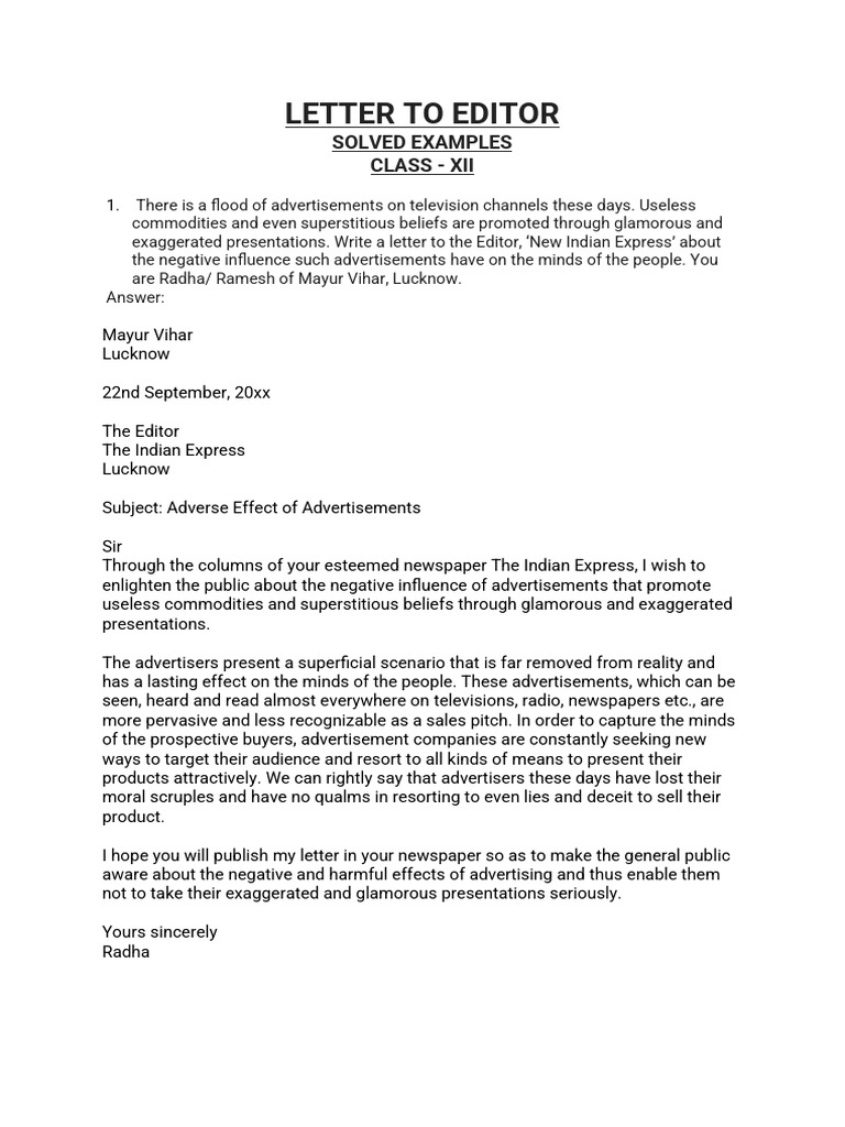 Letter to Editor Class XII | PDF