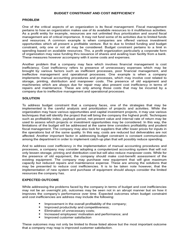 Budget Constraints and Cost Inefficiency Solutions | PDF | Expense ...