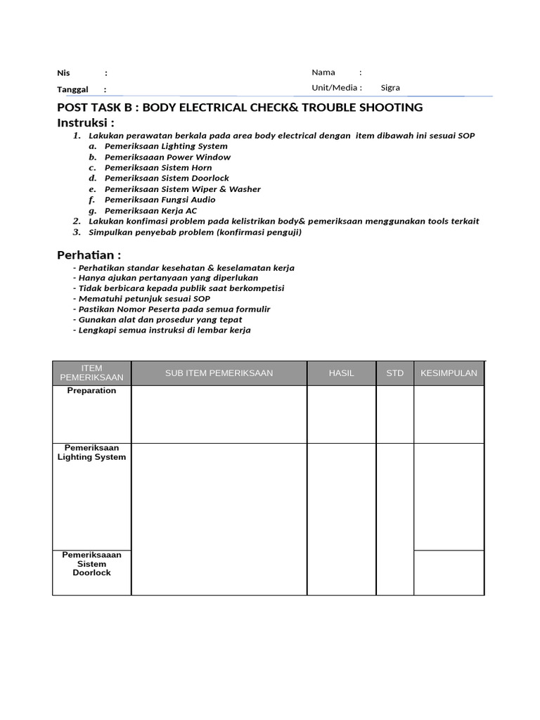 PWRJ Lembar Peserta Post Task B Body Electrical | PDF