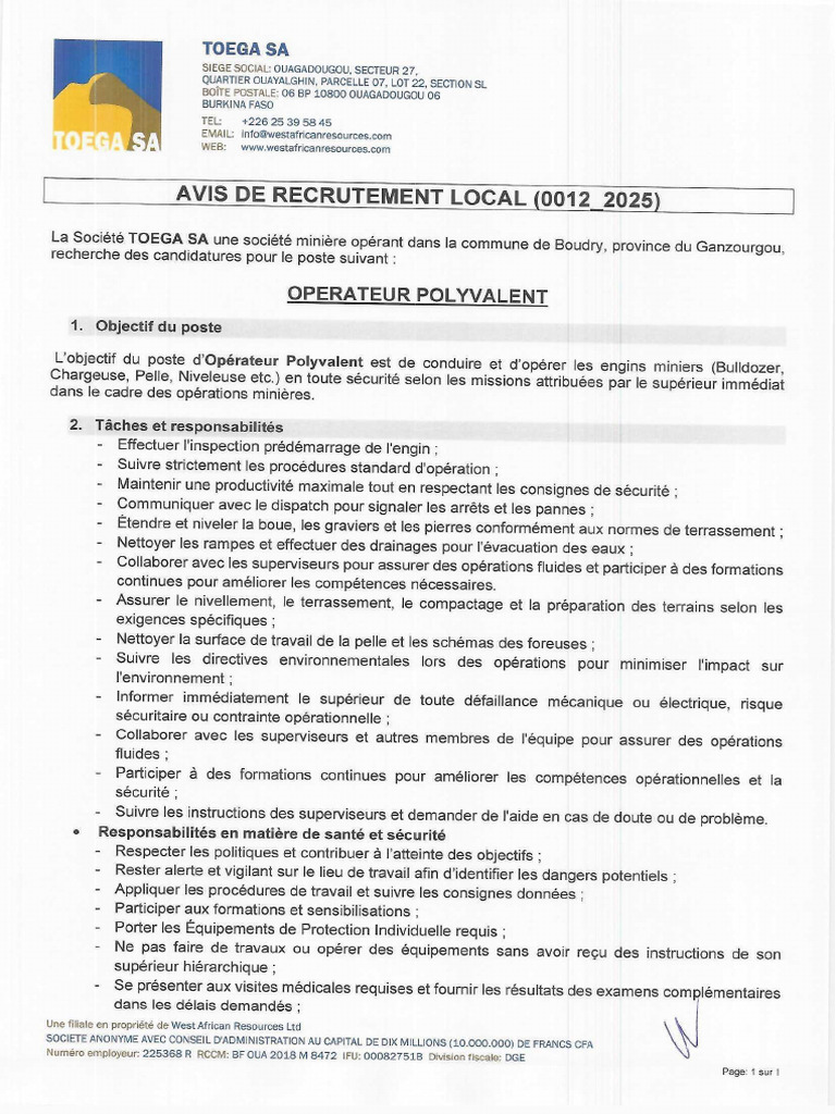 Toega - Avis de Recrutement Local - Maa0012 - Operateur Polyvalent - 07 ...