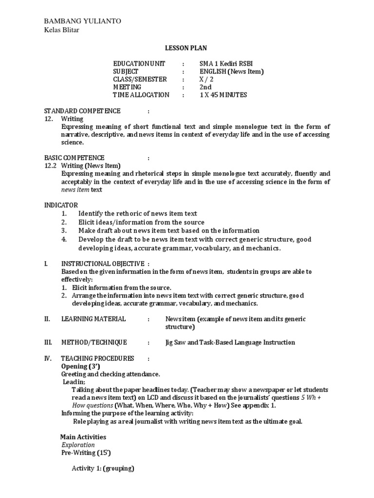 Lesson Plan: News Item Text | PDF | News | Rhetoric