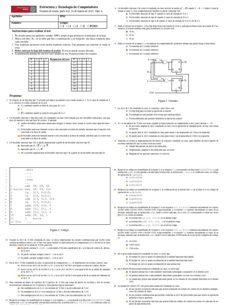 Examen 2023 Parcial Test A | PDF | Poco | Unidad Central de procesamiento