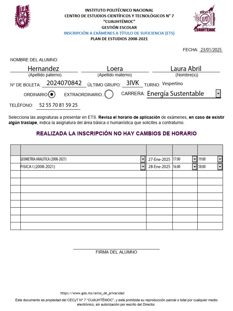 FORMATO DE INSCRIPCION A ETS (PLAN 2008-2021) Ver.04 - Ene25 | PDF