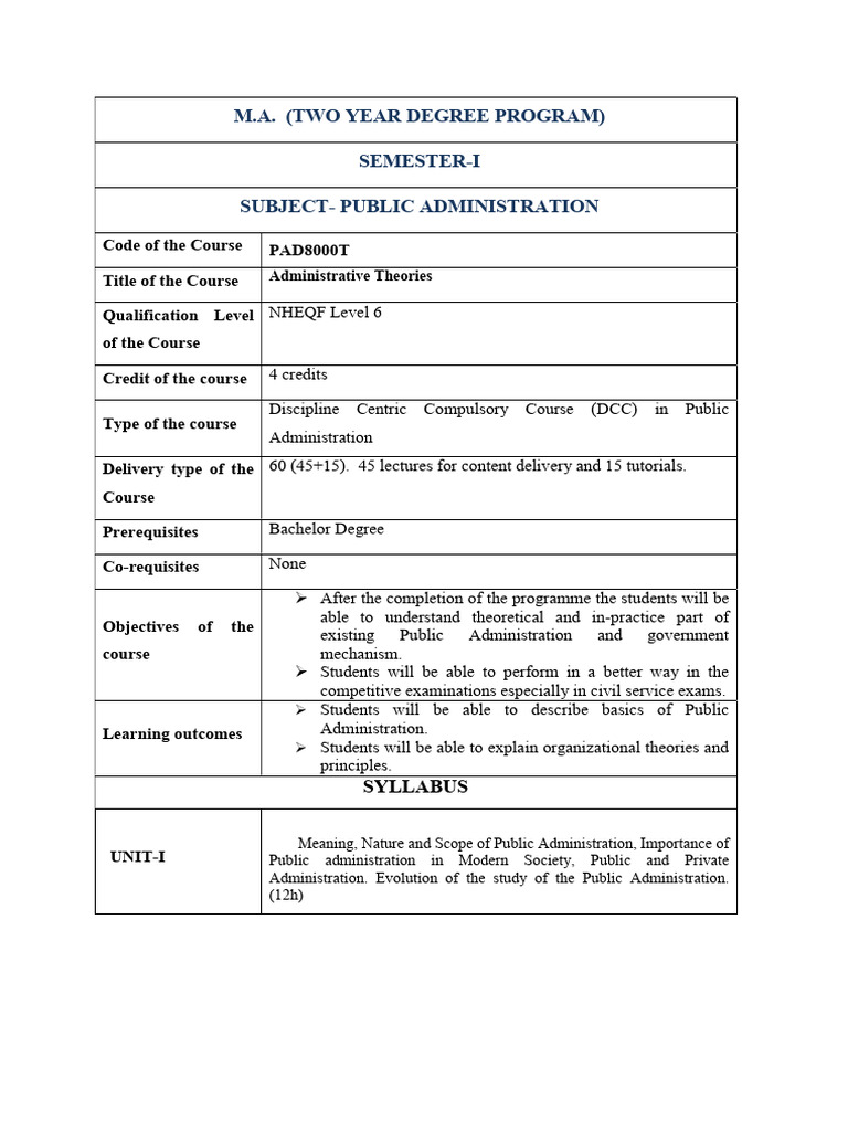 M.a.1st Sem Syllabus Pubad | PDF | Public Administration | Governance