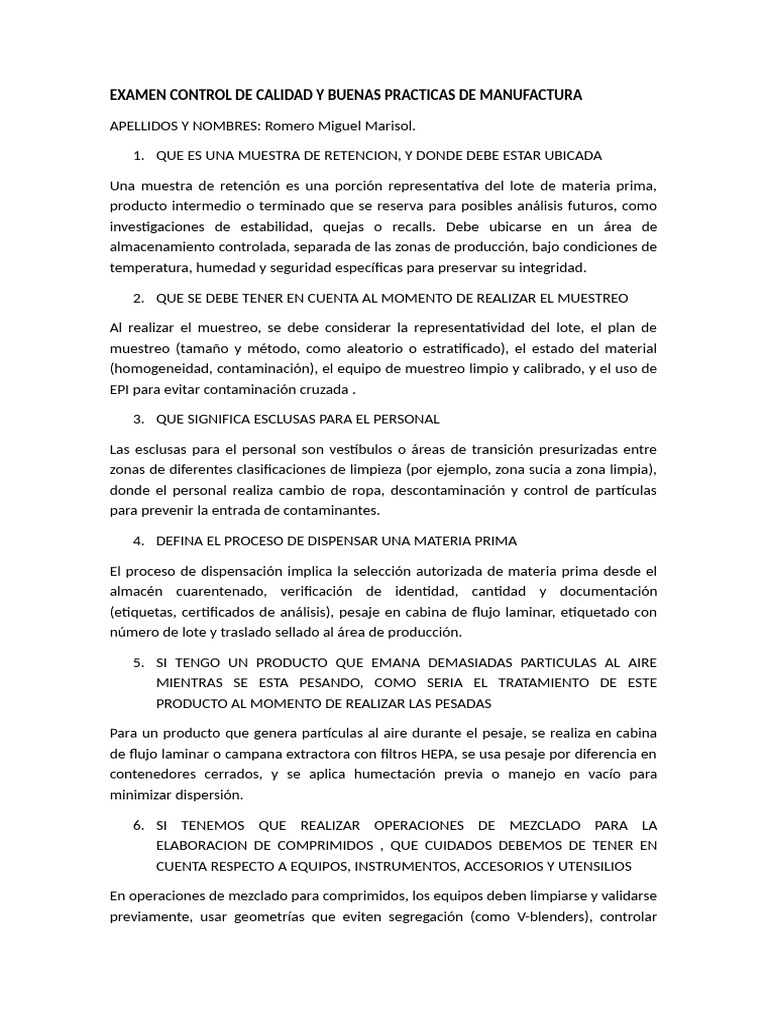 EXAMEN CONTROL DE CALIDAD Y BUENAS PRACTICAS DE MANUFACTURA (1) | PDF ...