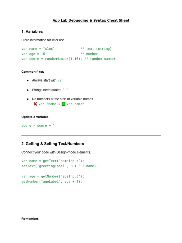App Lab Debugging & Syntax Cheat Sheet | PDF | Computer Programming ...