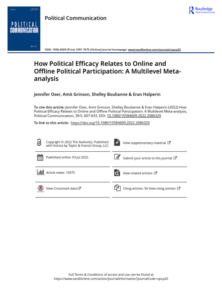 How Political Efficacy Relates to Online and Offline Political ...