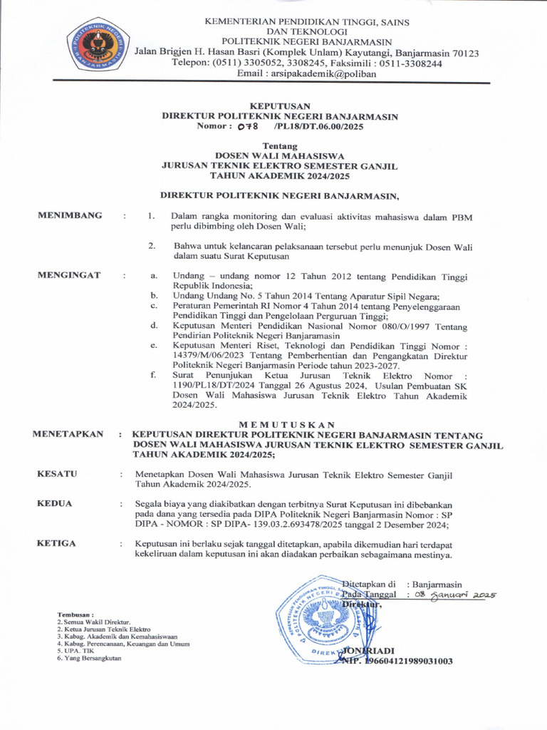 2024-2025 Ganjil SK Dosen Wali Mhs Jur. Teknik Elektro Smt Ganjil TA ...