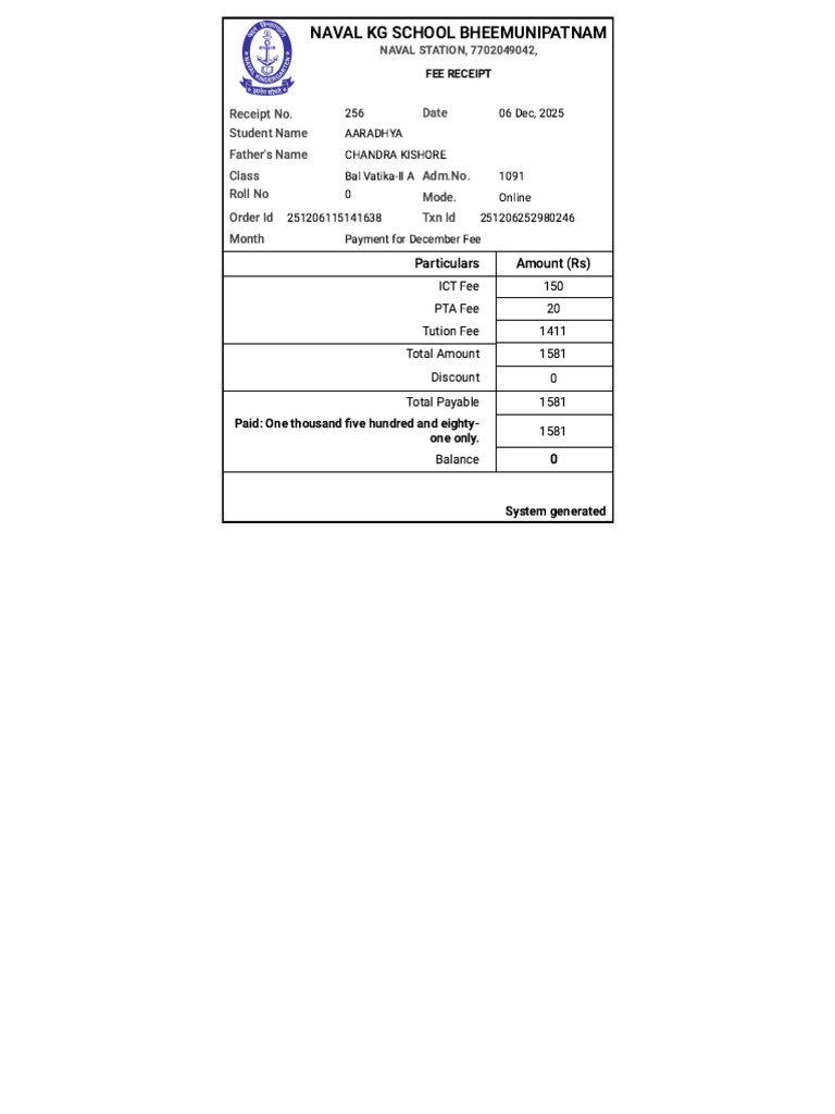 Naval KG School Fee Receipt December | PDF
