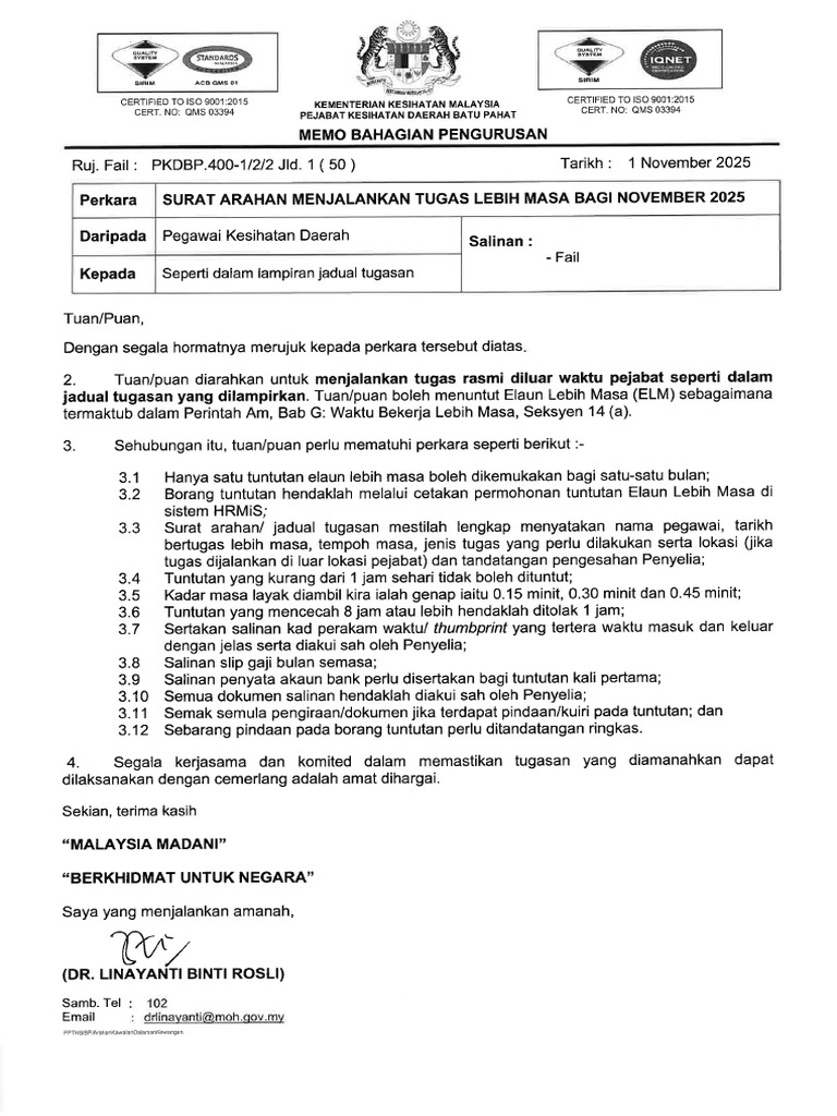 Memo Arahan Tugas Lebih Masa November 2025 | PDF