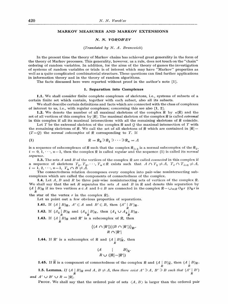 Vorob'Ev - Markov Measures and Markov Extensions | PDF | Markov Chain ...