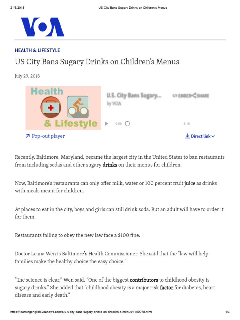 US City Bans Sugary Drinks On Children's Menus | PDF | Soft Drink | Obesity