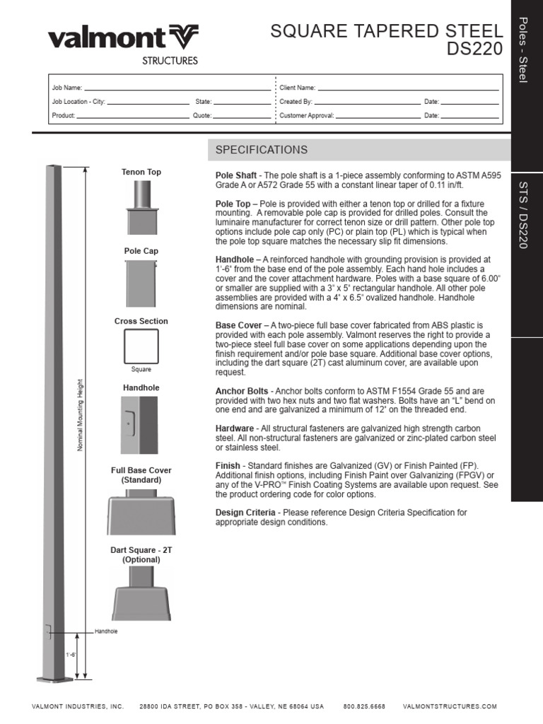 Square Tapered Steel Pole Specifications | PDF | Screw | Building Materials