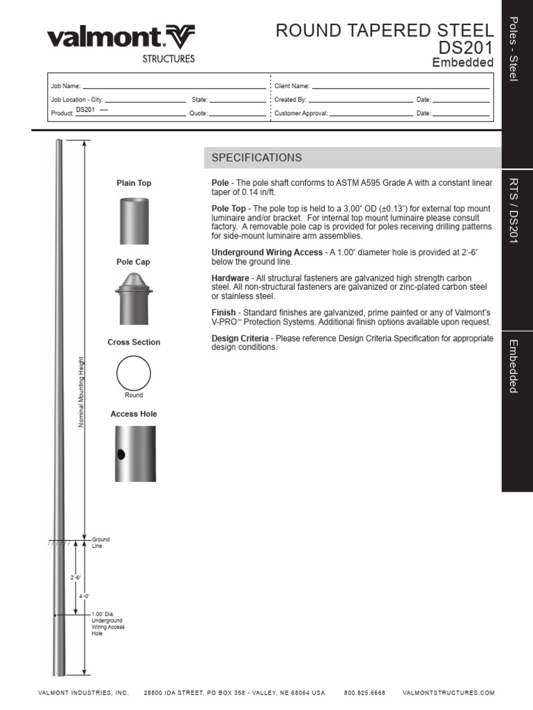 Round Tapered Steel Pole Embedded _ Valmont Structures _ DS201 | PDF ...