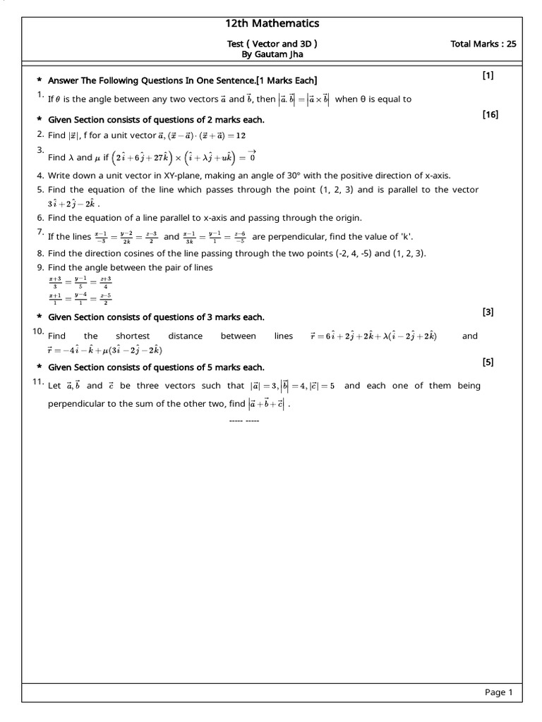 12th Grade Vector and 3D Test Questions | PDF | Angle | Euclidean Vector