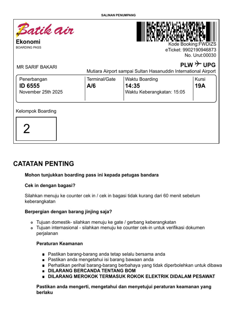 Boarding Pass Penerbangan Sarif Bakari | PDF