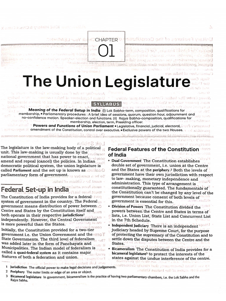 Class X ICSE Civics The Union Legislature Notes | PDF