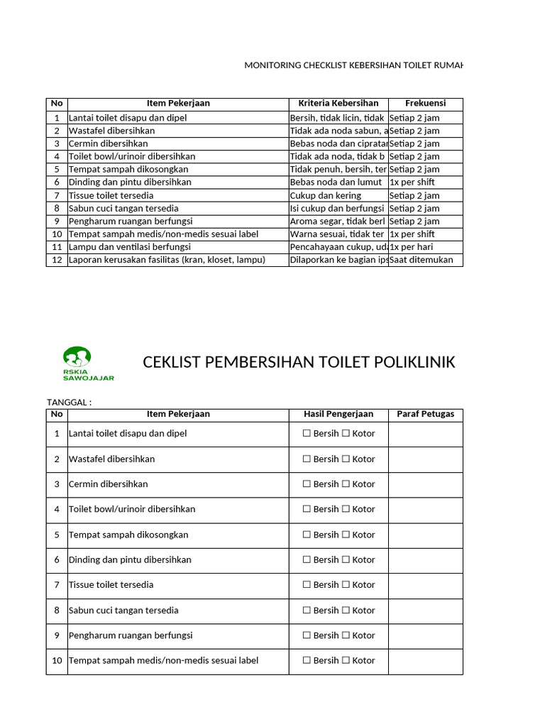 Checklist Kebersihan Toilet Rumah Sakit | PDF