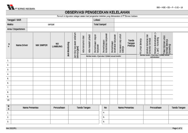 BIB HSE ES F 3.02 16 Observasi Pengecekan Kelelahan Rev1 | PDF
