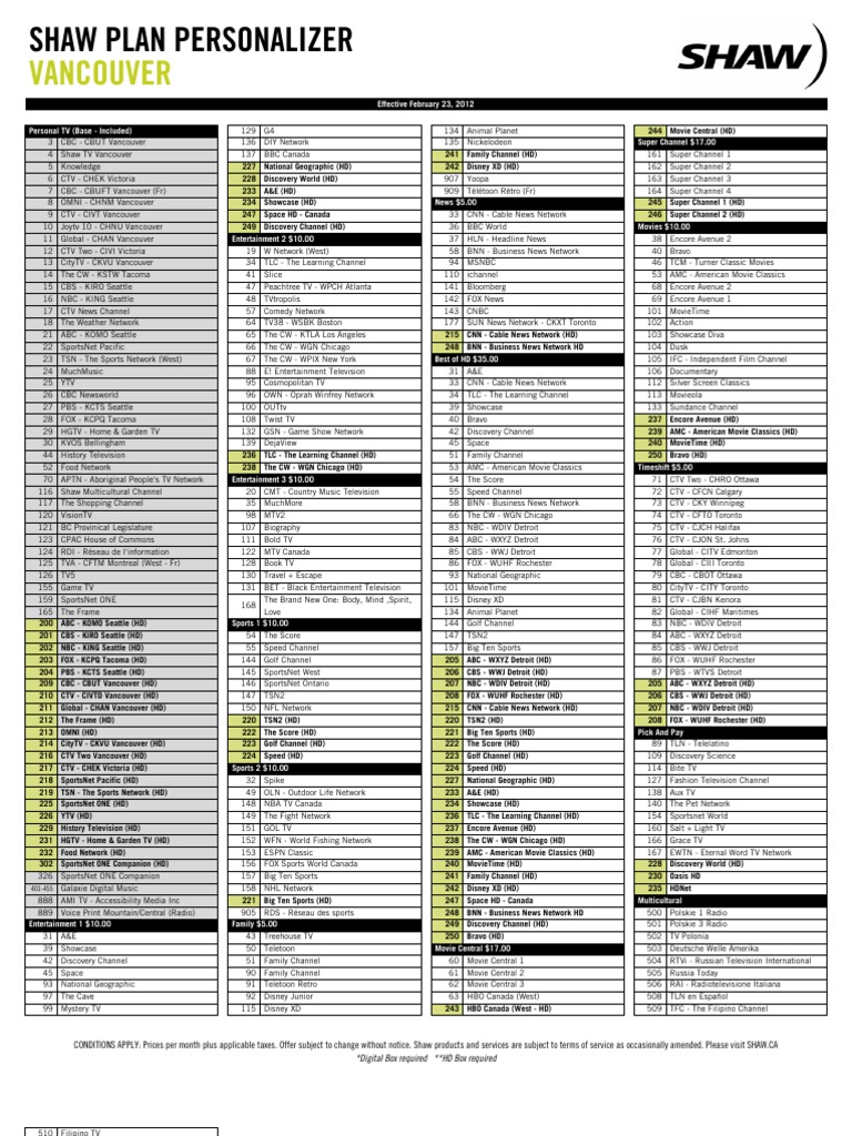 Shaw Channel Lineup | PDF | Media Industry | Media Companies Of The ...