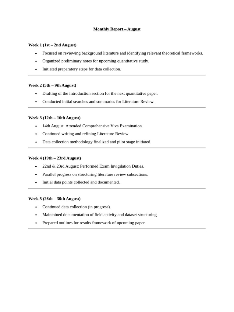 August Monthly Research Progress Report | PDF