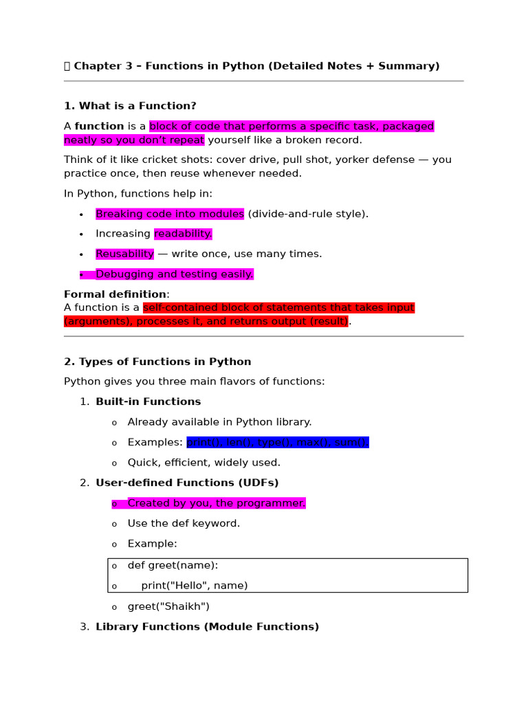 Ch-03 (Functions Full Notes) | PDF | Parameter (Computer Programming ...