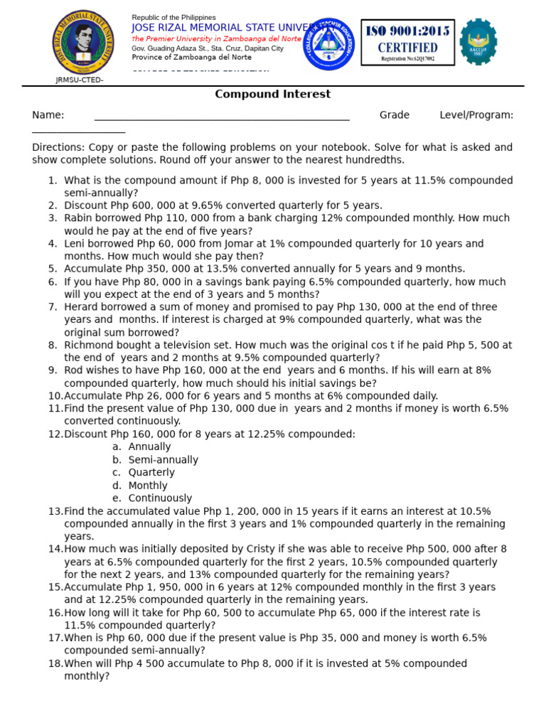 Compound-Interest Worksheet | PDF | Present Value | Interest