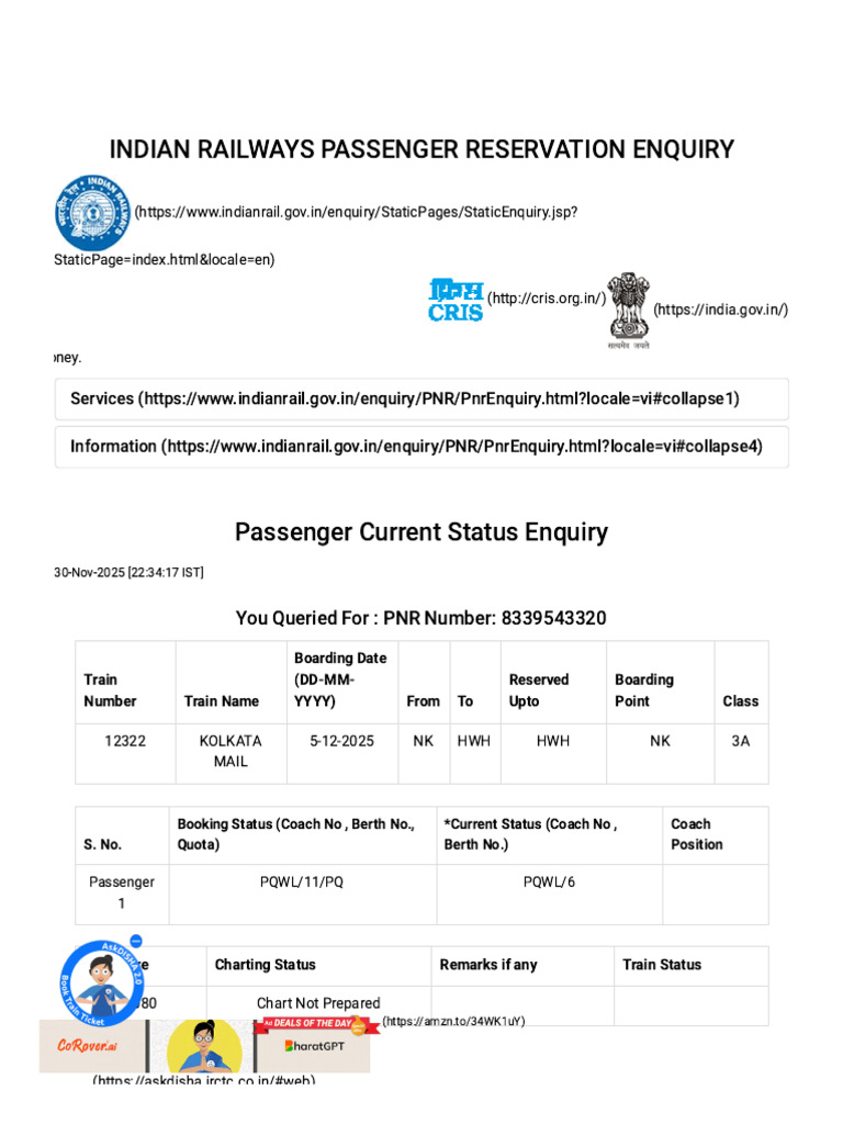 Indian Railways PNR Status Inquiry | PDF | Transport | Delhi