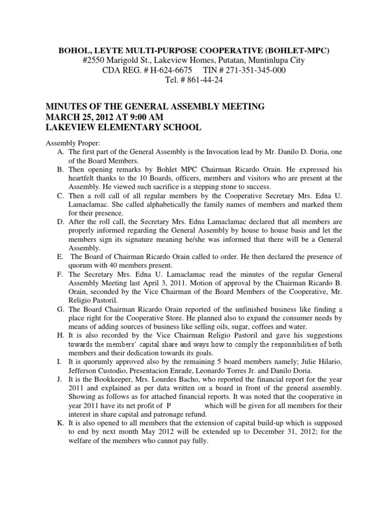 Minutes Of The General Assembly Meeting MARCH 25, 2012 AT 9:00 AM ...